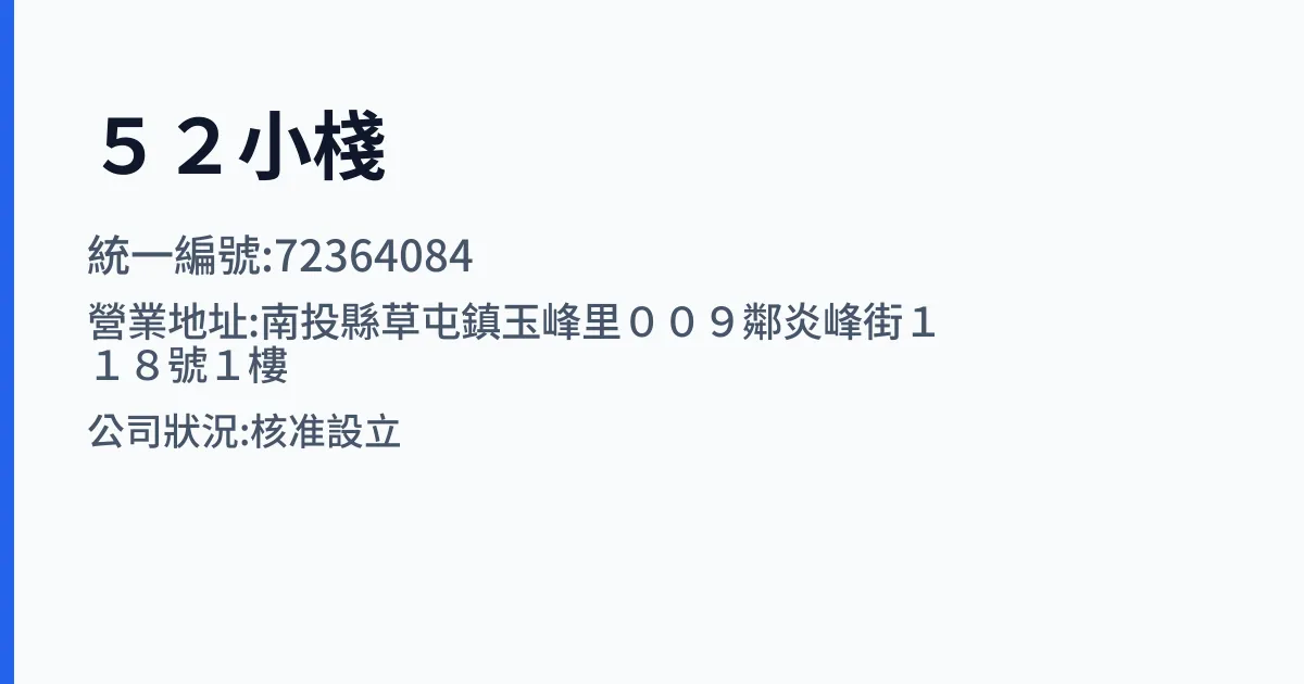 ５２小棧 - 統編 72364084(南投縣) 公司登記資料與營業項目詳細圖表