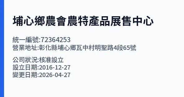 埔心鄉農會農特產品展售中心的照片-統編 72364253(彰化縣) 公司登記資料與營業項目詳細圖表