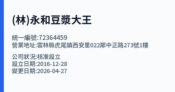 (林)永和豆漿大王的照片-統編 72364459(雲林縣) 公司登記資料與營業項目詳細圖表