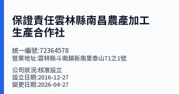 保證責任雲林縣南昌農產加工生產合作社的照片-統編 72364578(雲林縣) 公司登記資料與營業項目詳細圖表