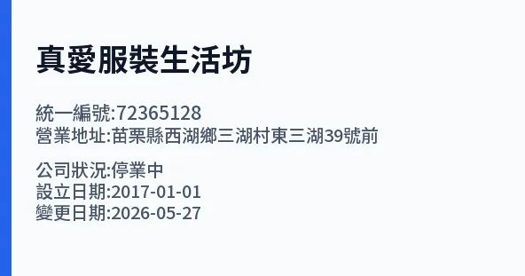 真愛服裝生活坊的照片-統編 72365128(苗栗縣) 公司登記資料與營業項目詳細圖表