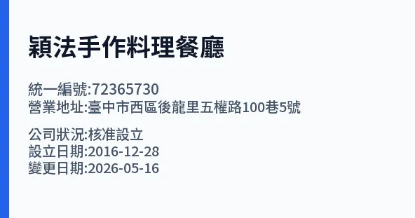 穎法手作料理餐廳的照片-統編 72365730(臺中市) 公司登記資料與營業項目詳細圖表