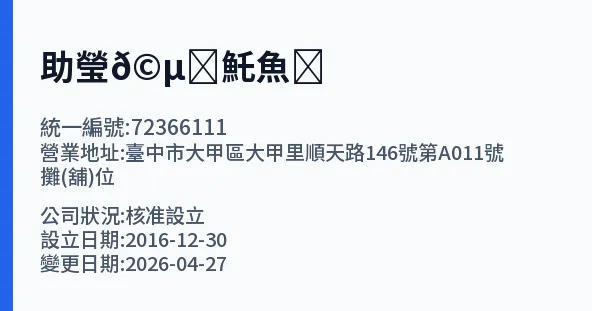 助瑩𩵚魠魚焿的照片-統編 72366111(臺中市) 公司登記資料與營業項目詳細圖表