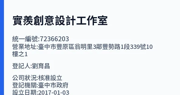 實羨創意設計工作室的照片-統編 72366203(臺中市) 公司登記資料與營業項目詳細圖表