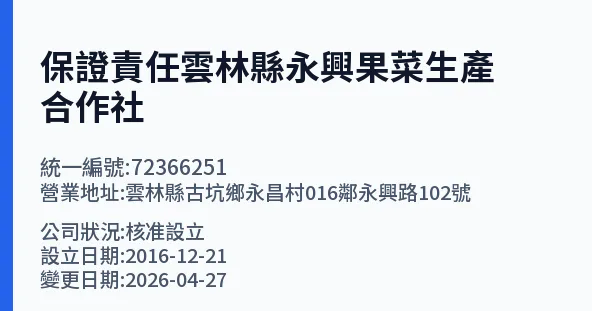 保證責任雲林縣永興果菜生產合作社的照片-統編 72366251(雲林縣) 公司登記資料與營業項目詳細圖表