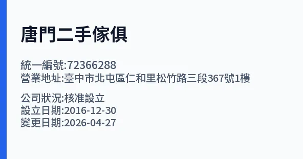 唐門二手傢俱的照片-統編 72366288(臺中市) 公司登記資料與營業項目詳細圖表