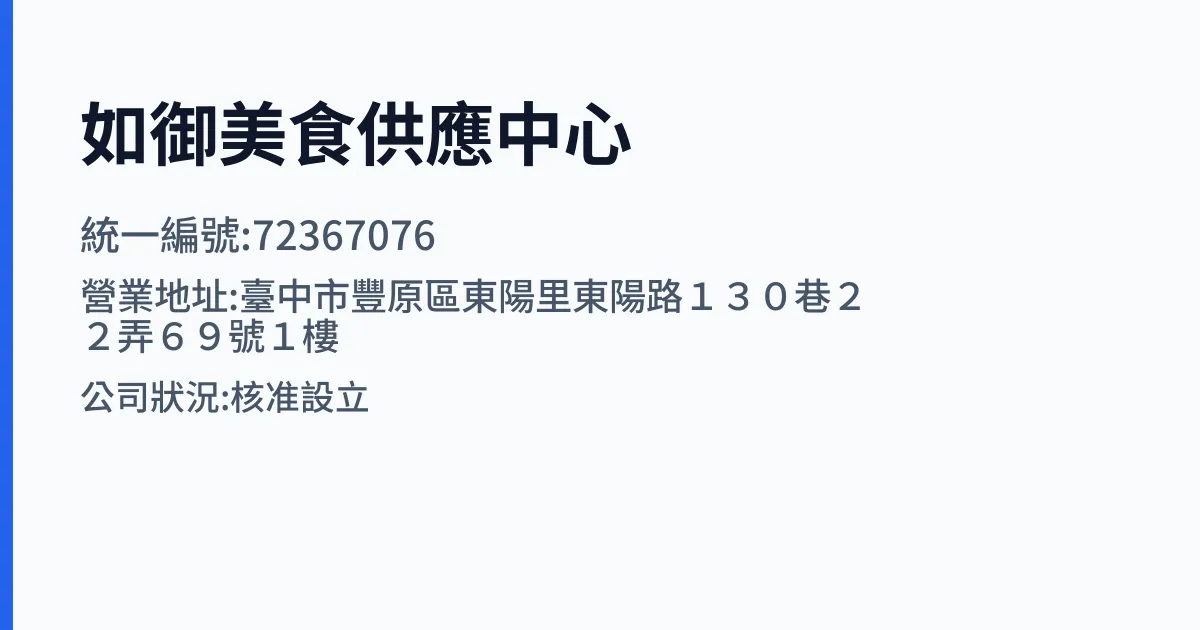 如御美食供應中心 - 統編 72367076(臺中市) 公司登記資料與營業項目詳細圖表