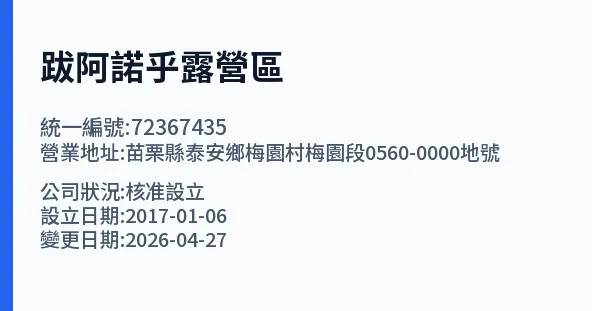 跋阿諾乎露營區的照片-統編 72367435(苗栗縣) 公司登記資料與營業項目詳細圖表