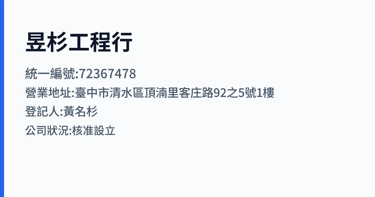 昱杉工程行 - 統編 72367478(臺中市) 公司登記資料與營業項目詳細圖表