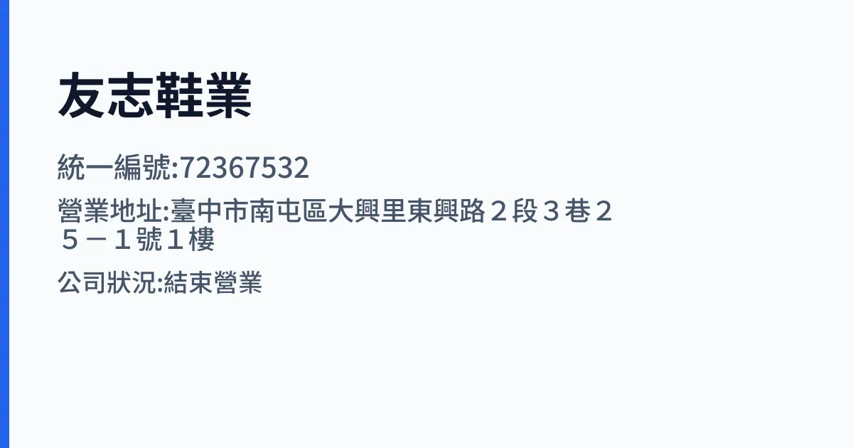 友志鞋業 - 統編 72367532(臺中市) 公司登記資料與營業項目詳細圖表