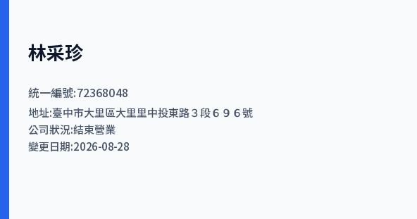 林采珍的照片-統編 72368048(臺中市) 公司登記資料與營業項目詳細圖表