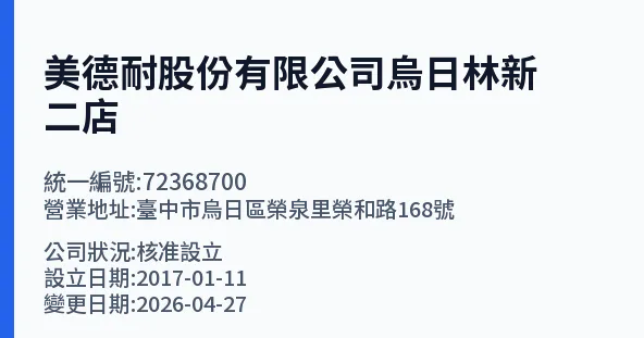 美德耐股份有限公司烏日林新二店的照片-統編 72368700(臺中市) 公司登記資料與營業項目詳細圖表