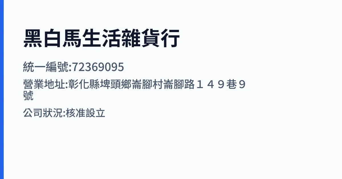 黑白馬生活雜貨行 - 統編 72369095（彰化縣） 公司登記資料與營業項目詳細圖表
