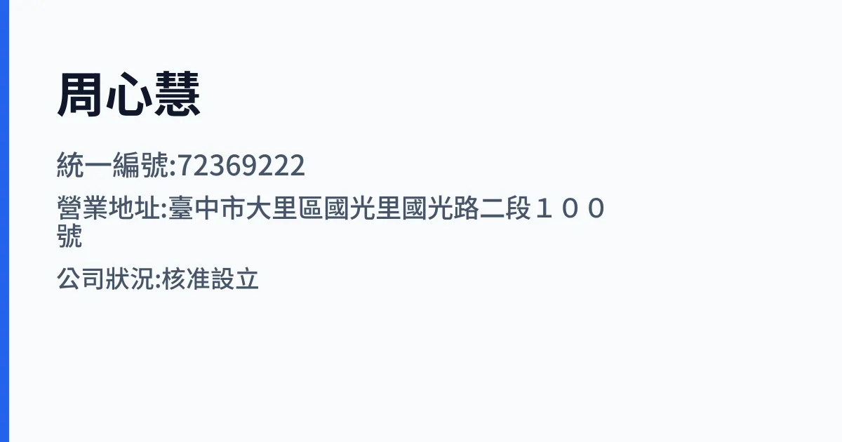 周心慧 - 統編 72369222(臺中市) 公司登記資料與營業項目詳細圖表