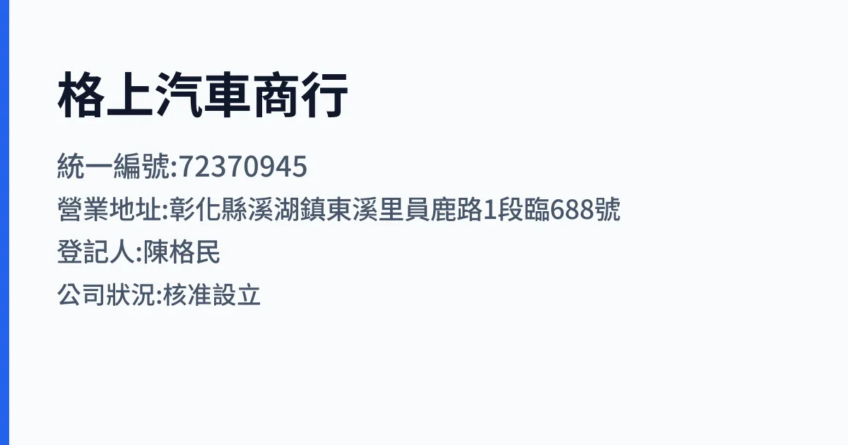 格上汽車商行 - 統編 72370945(彰化縣) 公司登記資料與營業項目詳細圖表