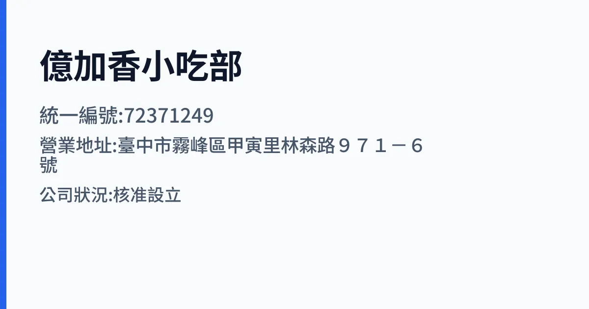 億加香小吃部 - 統編 72371249(臺中市) 公司登記資料與營業項目詳細圖表