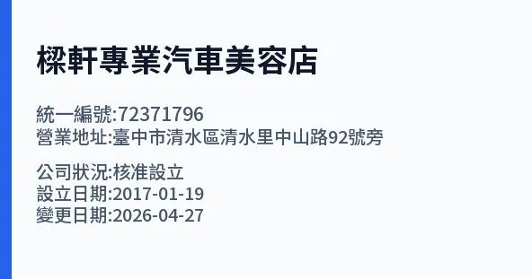 樑軒專業汽車美容店的照片-統編 72371796(臺中市) 公司登記資料與營業項目詳細圖表
