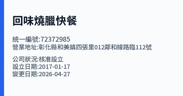 回味燒臘快餐的照片-統編 72372985(彰化縣) 公司登記資料與營業項目詳細圖表