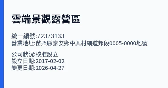 雲端景觀露營區的照片-統編 72373133(苗栗縣) 公司登記資料與營業項目詳細圖表