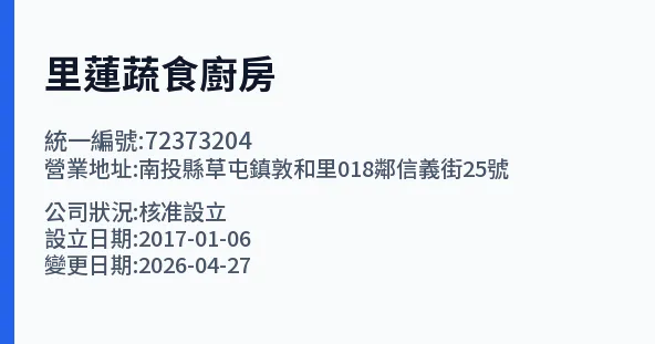 里蓮蔬食廚房的照片-統編 72373204(南投縣) 公司登記資料與營業項目詳細圖表