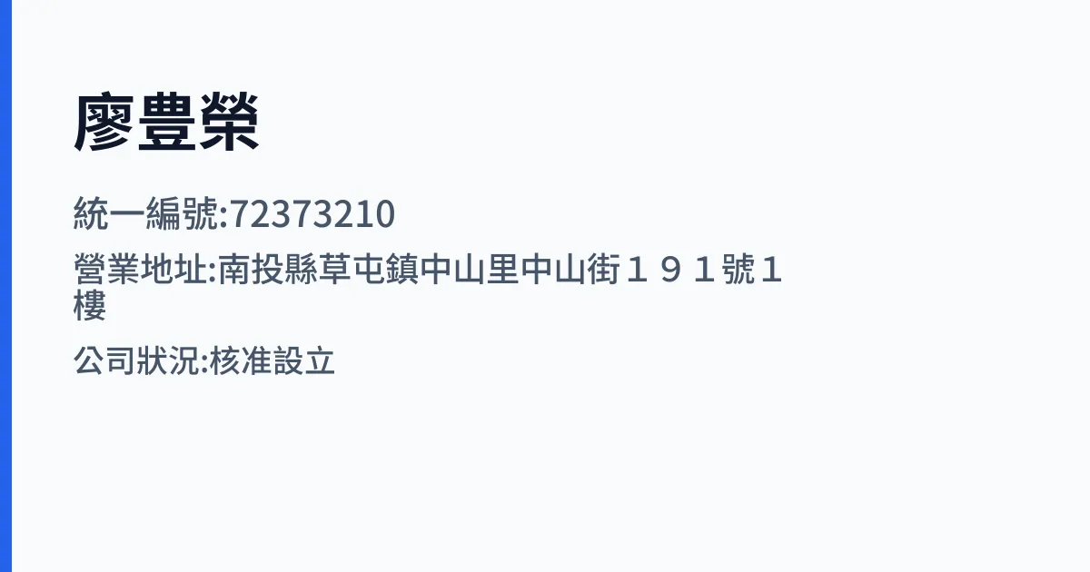 廖豊榮 - 統編 72373210(南投縣) 公司登記資料與營業項目詳細圖表