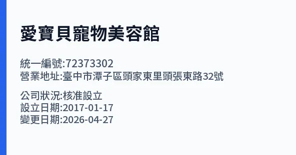 愛寶貝寵物美容館的照片-統編 72373302(臺中市) 公司登記資料與營業項目詳細圖表