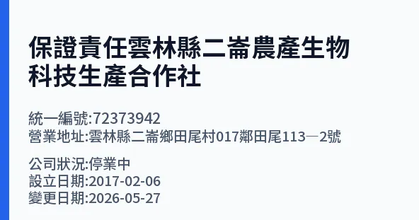 保證責任雲林縣二崙農產生物科技生產合作社的照片-統編 72373942(雲林縣) 公司登記資料與營業項目詳細圖表