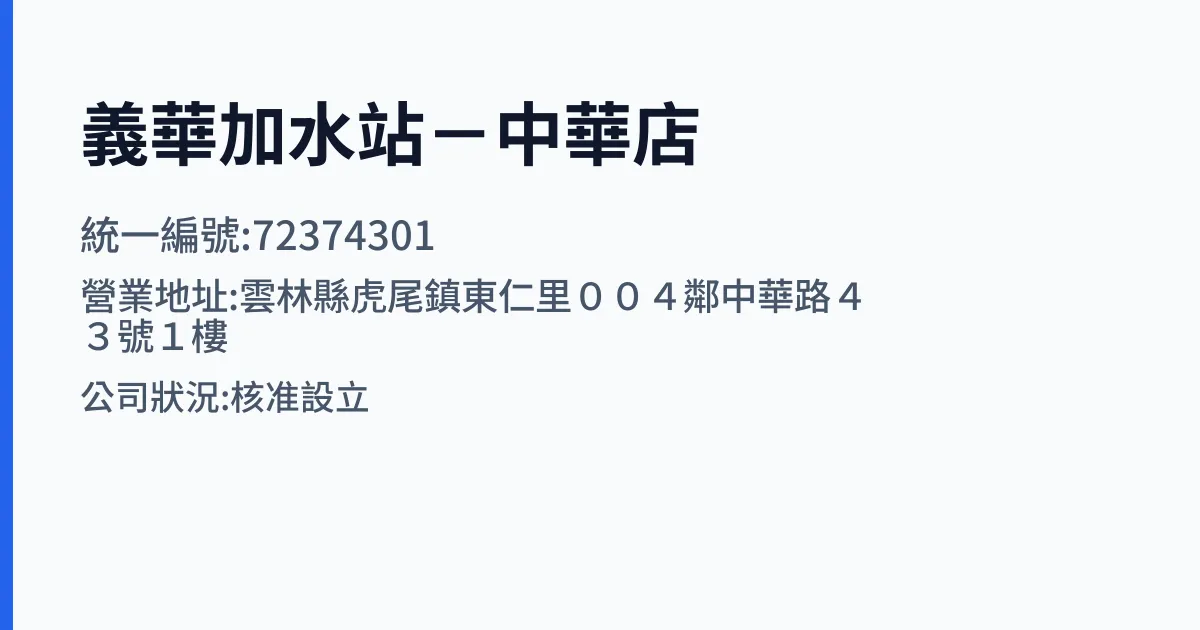 義華加水站－中華店 - 統編 72374301(雲林縣) 公司登記資料與營業項目詳細圖表