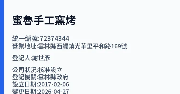 蜜魯手工窯烤的照片-統編 72374344(雲林縣) 公司登記資料與營業項目詳細圖表