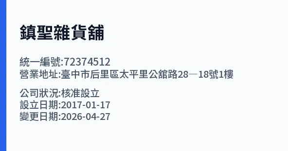 鎮聖雜貨舖的照片-統編 72374512(臺中市) 公司登記資料與營業項目詳細圖表