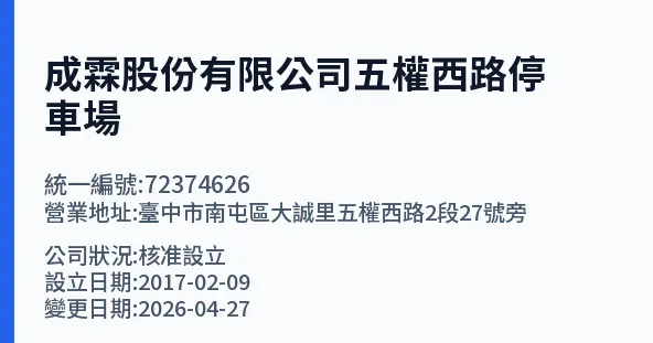 成霖股份有限公司五權西路停車場的照片-統編 72374626(臺中市) 公司登記資料與營業項目詳細圖表