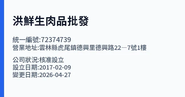 洪鮮生肉品批發的照片-統編 72374739(雲林縣) 公司登記資料與營業項目詳細圖表