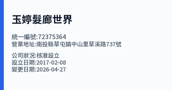 玉婷髮廊世界的照片-統編 72375364(南投縣) 公司登記資料與營業項目詳細圖表