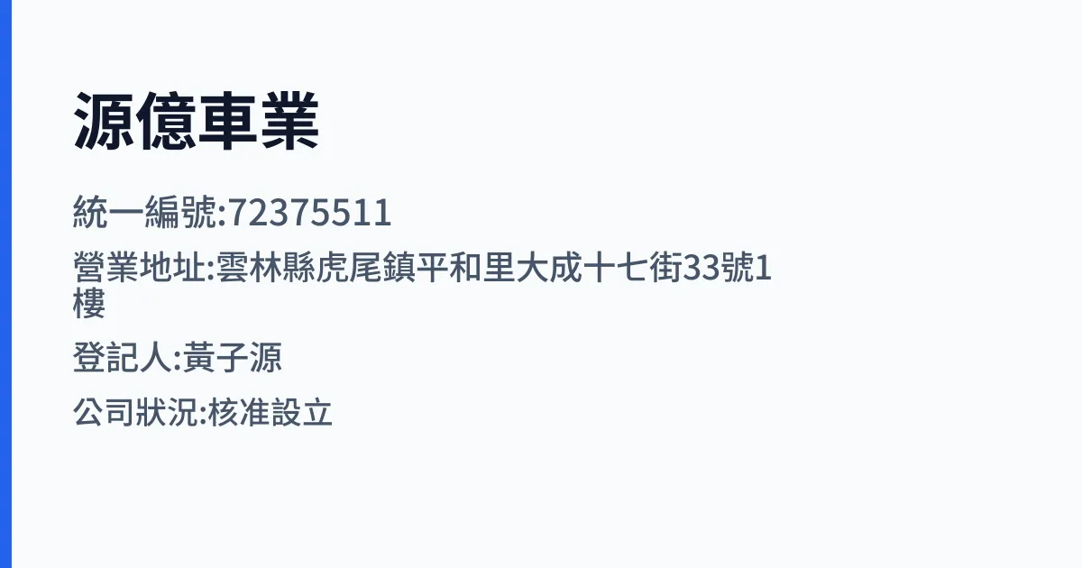 源億車業 - 統編 72375511(雲林縣) 公司登記資料與營業項目詳細圖表