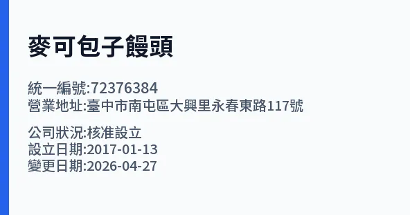 麥可包子饅頭的照片-統編 72376384(臺中市) 公司登記資料與營業項目詳細圖表
