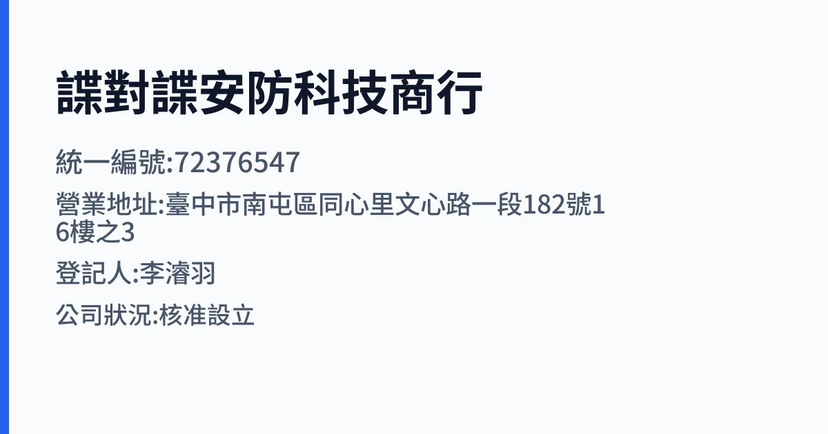 諜對諜安防科技商行 - 統編 72376547(臺中市) 公司登記資料與營業項目詳細圖表