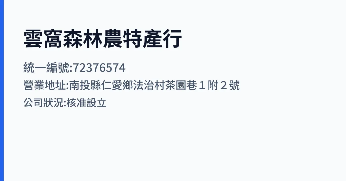 雲窩森林農特產行 - 統編 72376574(南投縣) 公司登記資料與營業項目詳細圖表