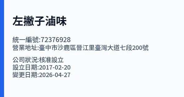 左撇子滷味的照片-統編 72376928(臺中市) 公司登記資料與營業項目詳細圖表