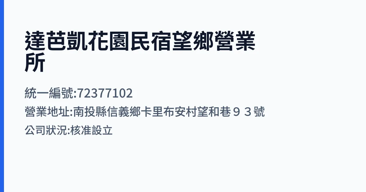 達芭凱花園民宿望鄉營業所 - 統編 72377102(南投縣) 公司登記資料與營業項目詳細圖表