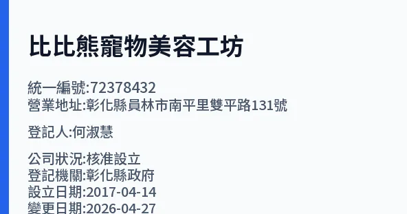 比比熊寵物美容工坊的照片-統編 72378432(彰化縣) 公司登記資料與營業項目詳細圖表