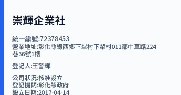 崇輝企業社的照片-統編 72378453(彰化縣) 公司登記資料與營業項目詳細圖表