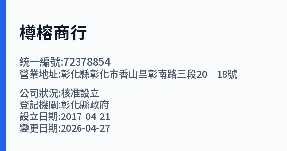 樽榕商行的照片-統編 72378854(彰化縣) 公司登記資料與營業項目詳細圖表