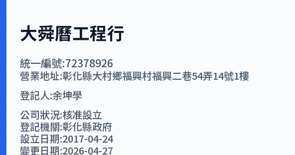 大舜曆工程行的照片-統編 72378926(彰化縣) 公司登記資料與營業項目詳細圖表