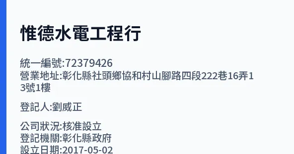 惟德水電工程行的照片-統編 72379426(彰化縣) 公司登記資料與營業項目詳細圖表