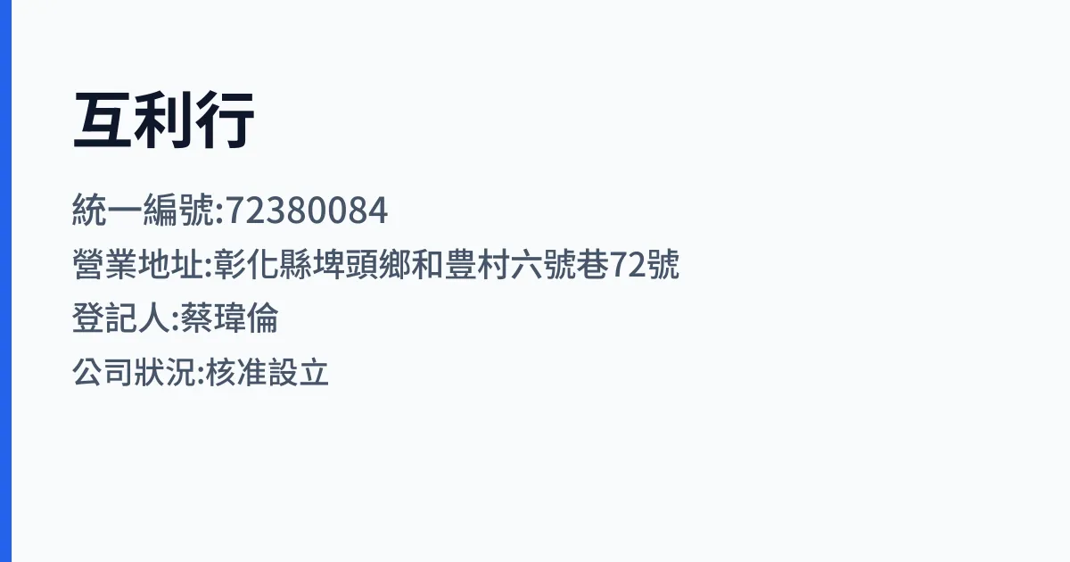 互利行 - 統編 72380084(彰化縣) 公司登記資料與營業項目詳細圖表