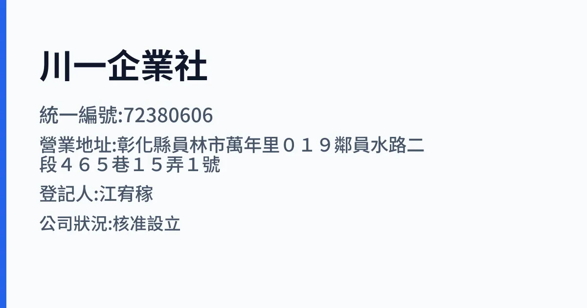 川一企業社 - 統編 72380606(彰化縣) 公司登記資料與營業項目詳細圖表