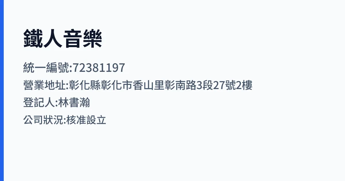 鐵人音樂 - 統編 72381197(彰化縣) 公司登記資料與營業項目詳細圖表