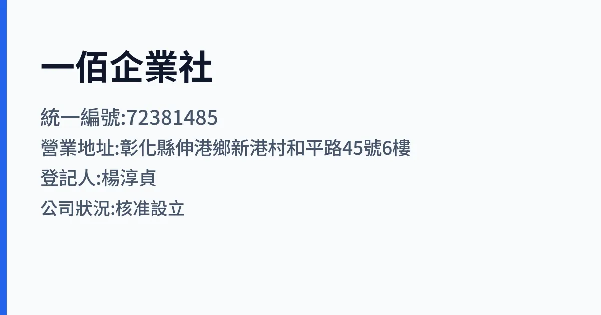 一佰企業社 - 統編 72381485(臺中市) 公司登記資料與營業項目詳細圖表
