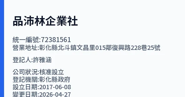 品沛林企業社的照片-統編 72381561(彰化縣) 公司登記資料與營業項目詳細圖表