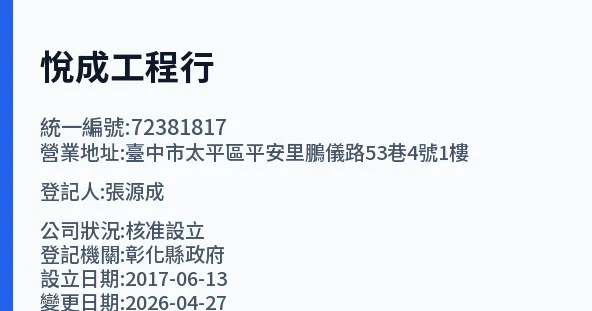 悅成工程行的照片-統編 72381817(臺中市) 公司登記資料與營業項目詳細圖表